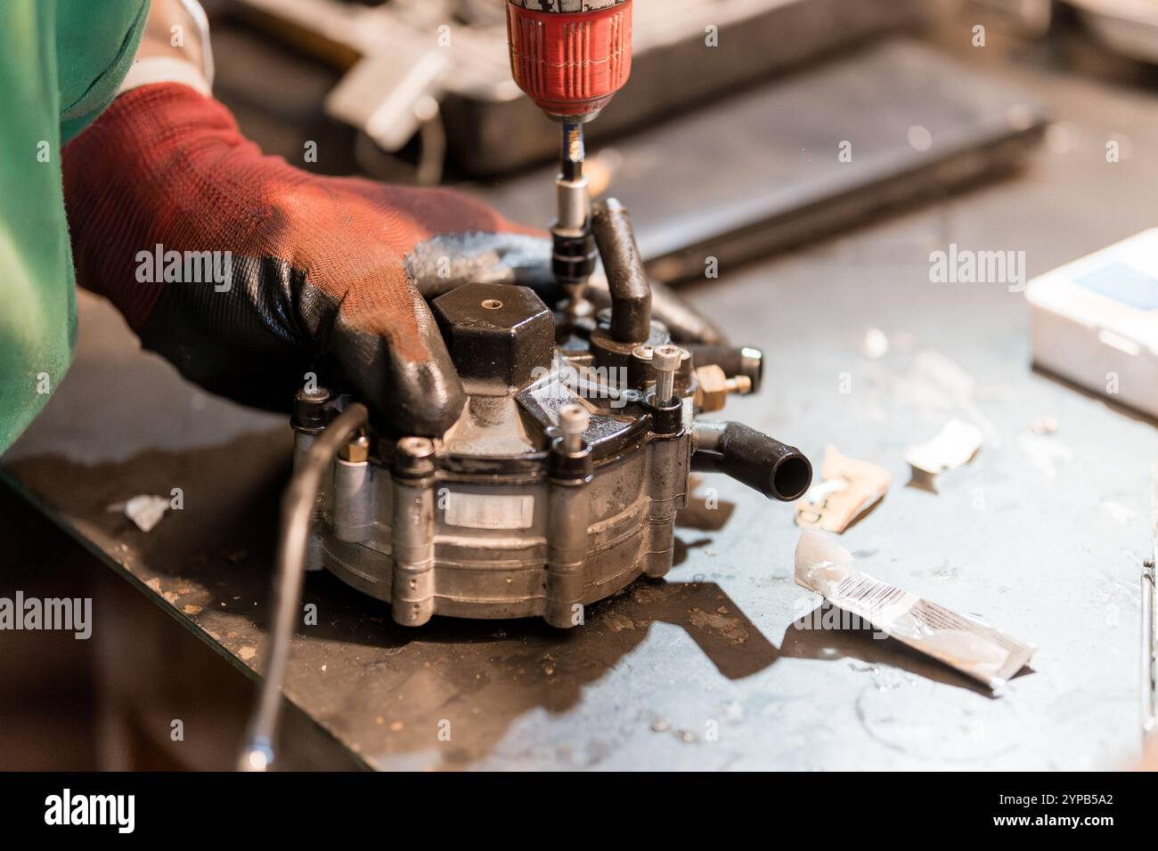 Precision Mechanic Working on Engine Component with Tools Stock Photo ...