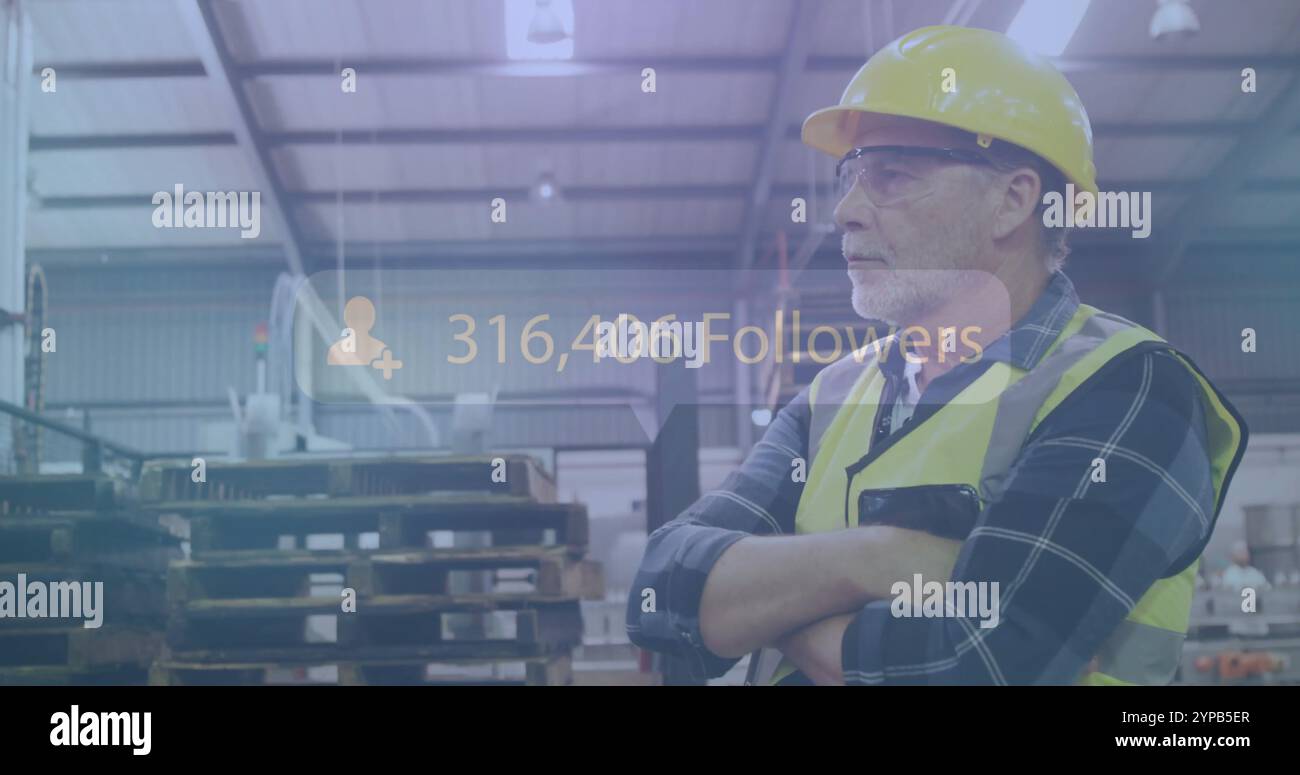 Image of subscribers growing number over caucasian male worker using ...