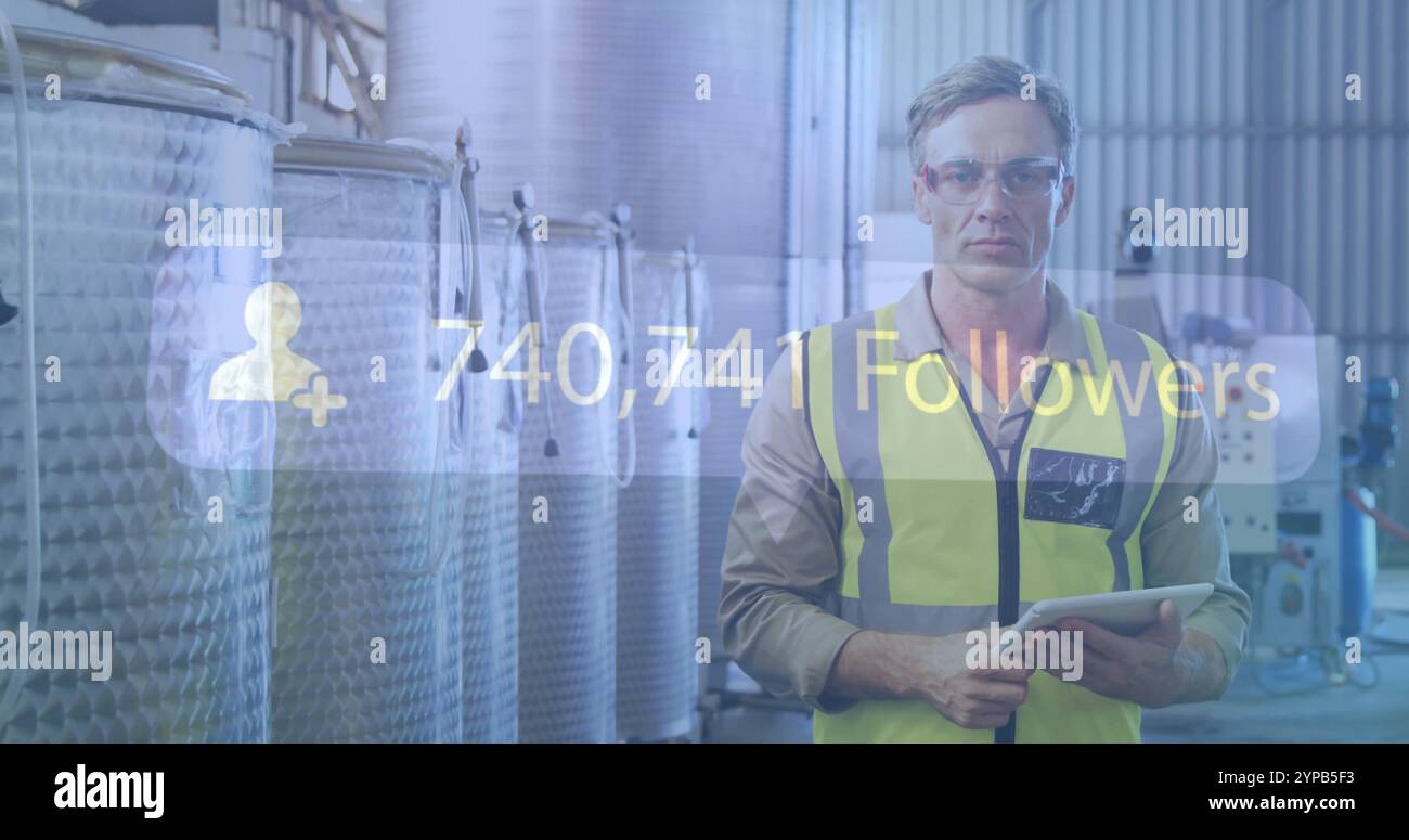 Image of followers growing number over caucasian male worker using ...