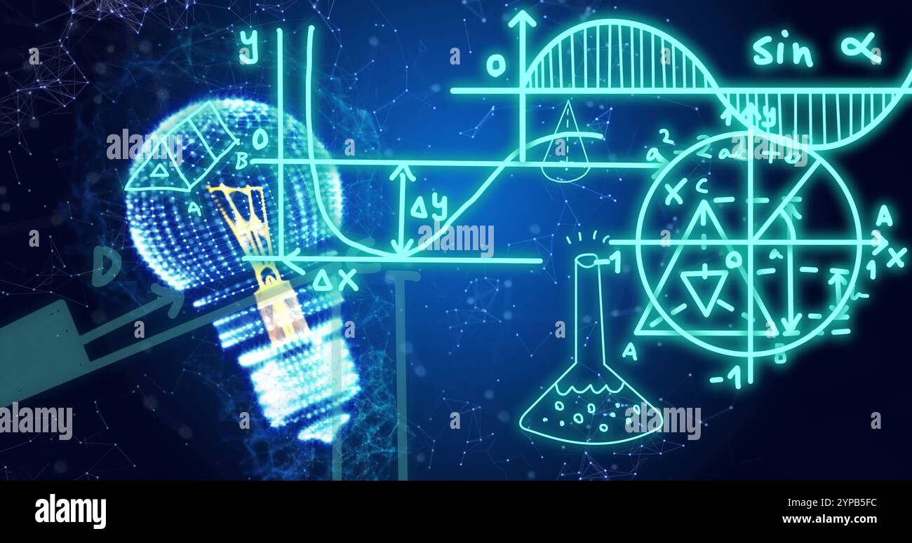 Image of atomic diagrams over light bulb and networks on blue ...