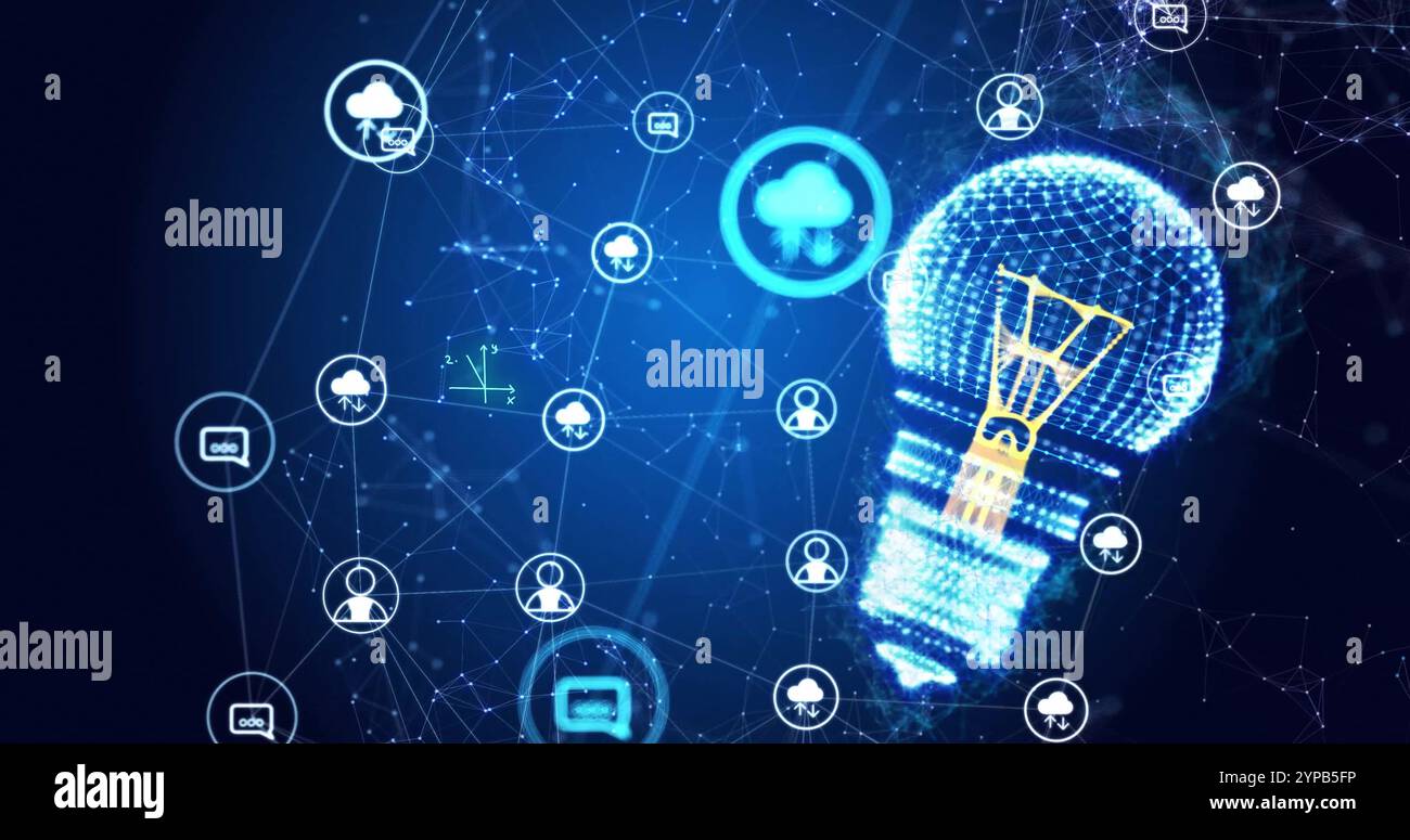 Image of element diagrams over light bulb and data networks on blue ...