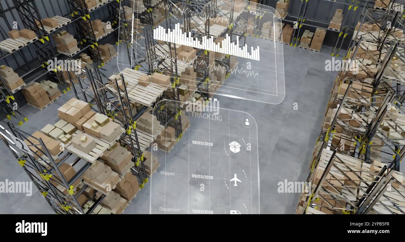 Image of diagrams and data processing over warehouse Stock Photo - Alamy