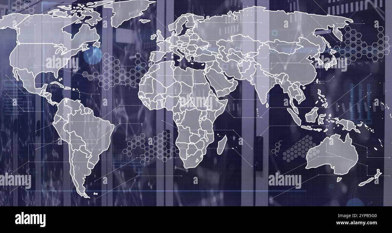 Image of digital data processing and world map over computer servers ...