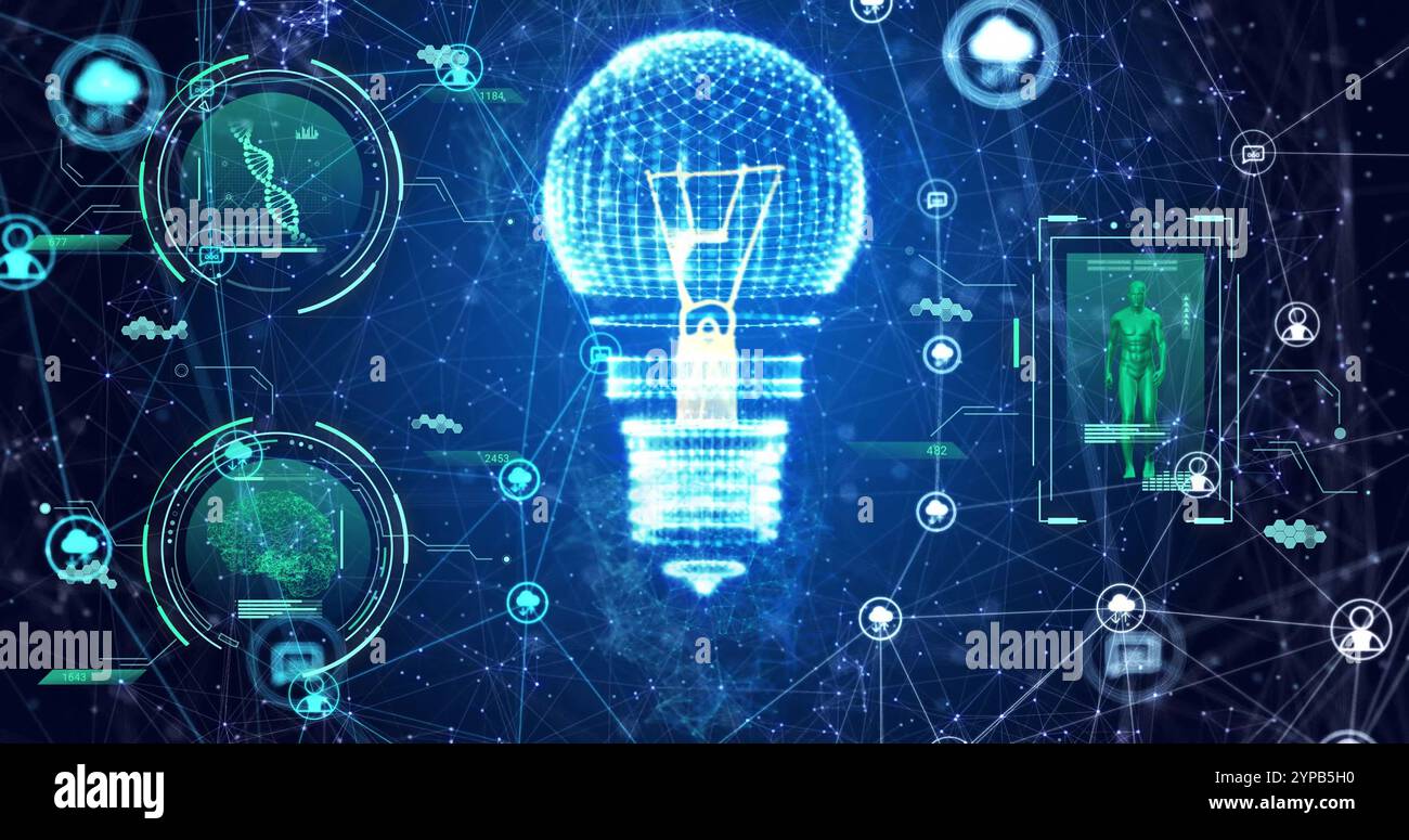 Image of medical scanners and icons with light bulb over networks ...