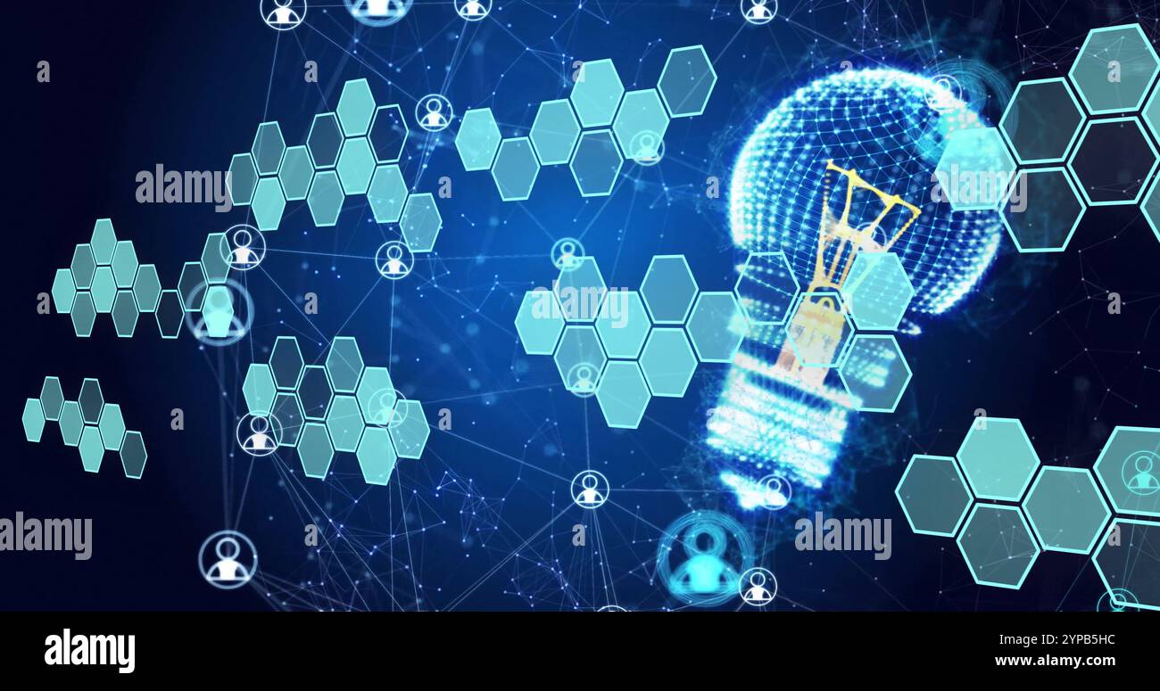 Image of element structures and icons over light bulb and networks ...