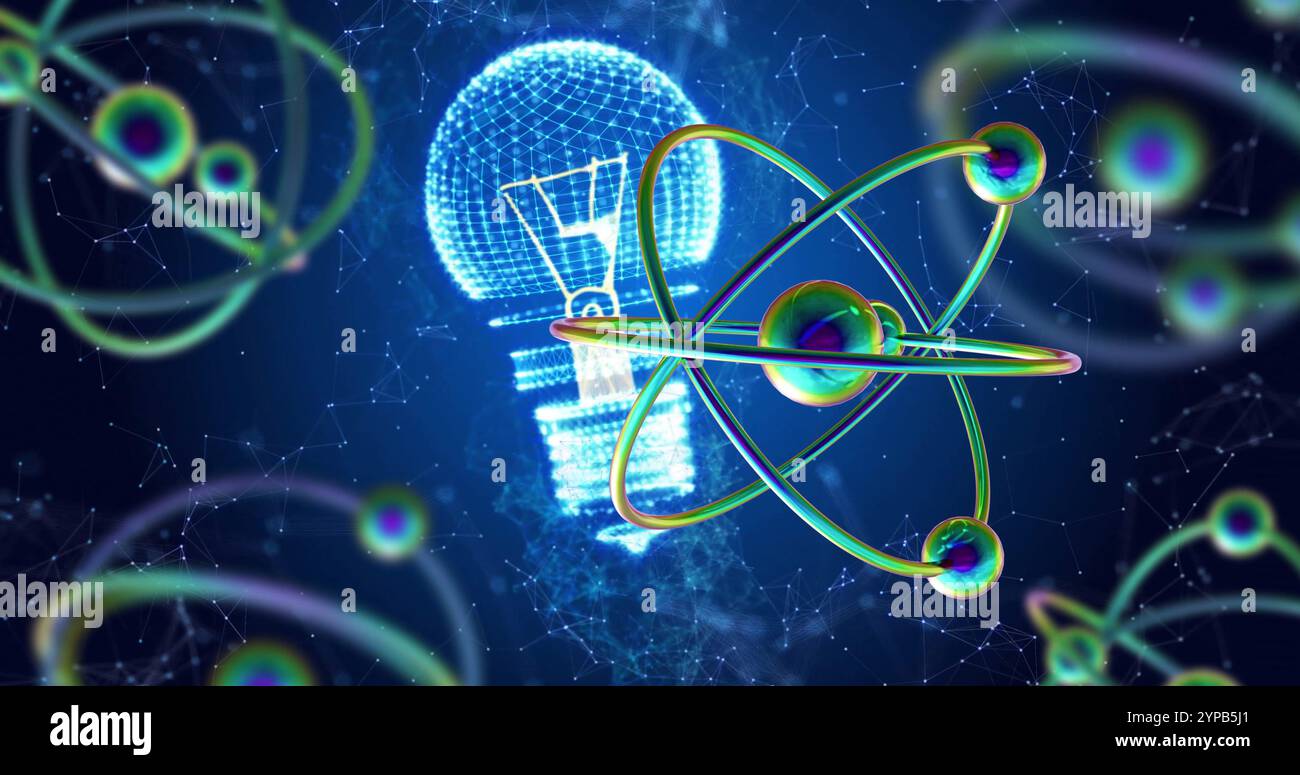 Image of atomic structures over light bulb and networks on blue ...