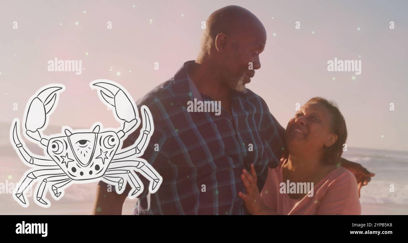Image of horoscope symbol over happy senior biracial couple dancing at ...