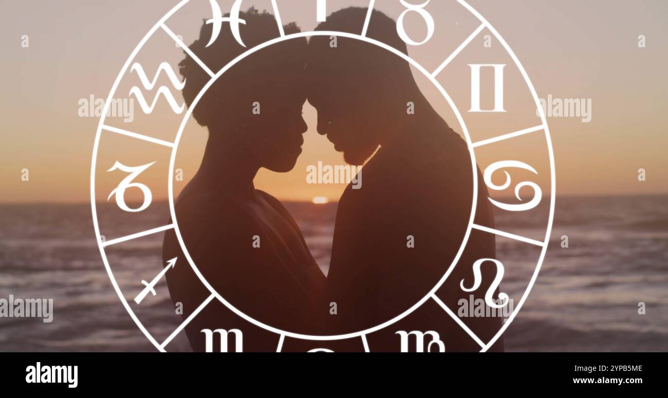 Image of horoscope over happy biracial couple embracing at beach Stock ...