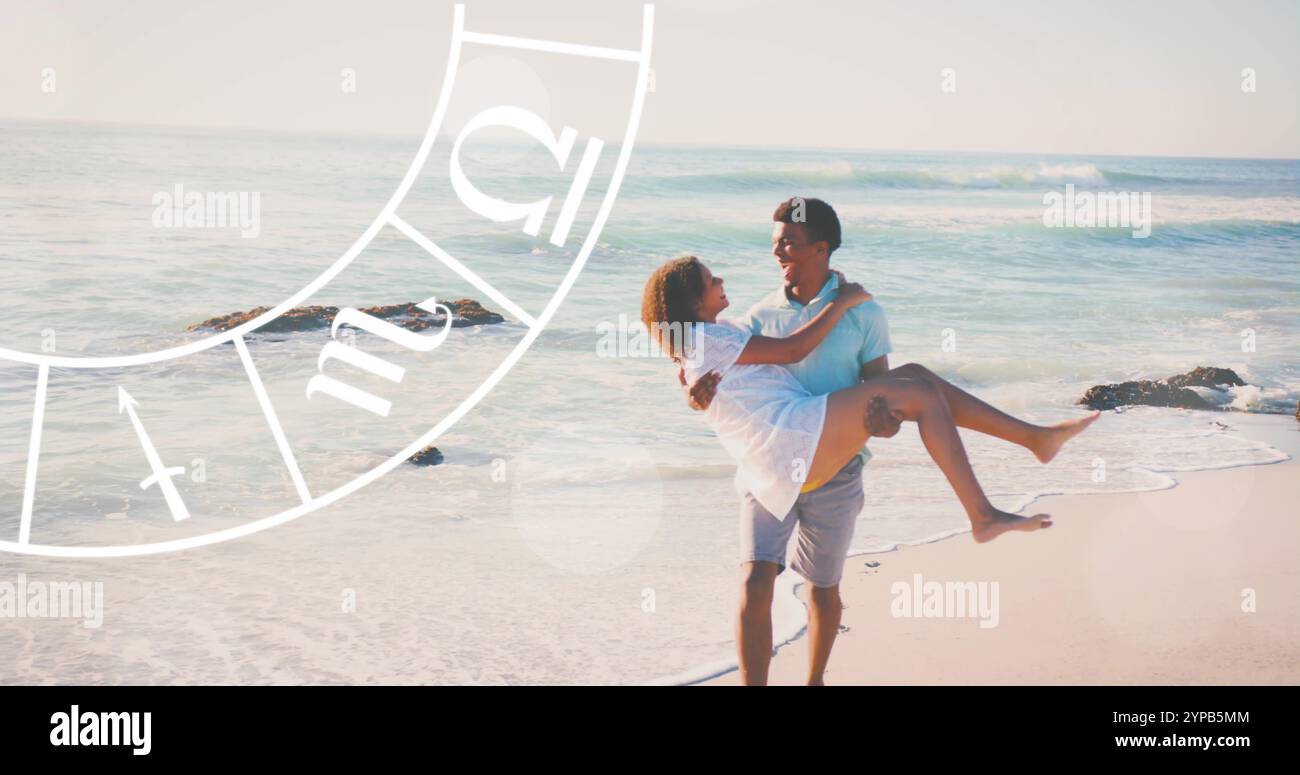 Image of horoscope over happy biracial couple at beach Stock Photo - Alamy