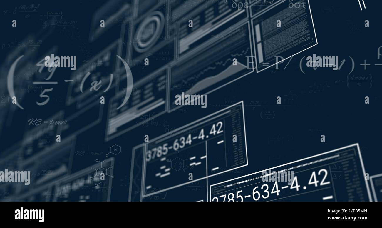 Image of mathematical data processing over screens on dark background ...