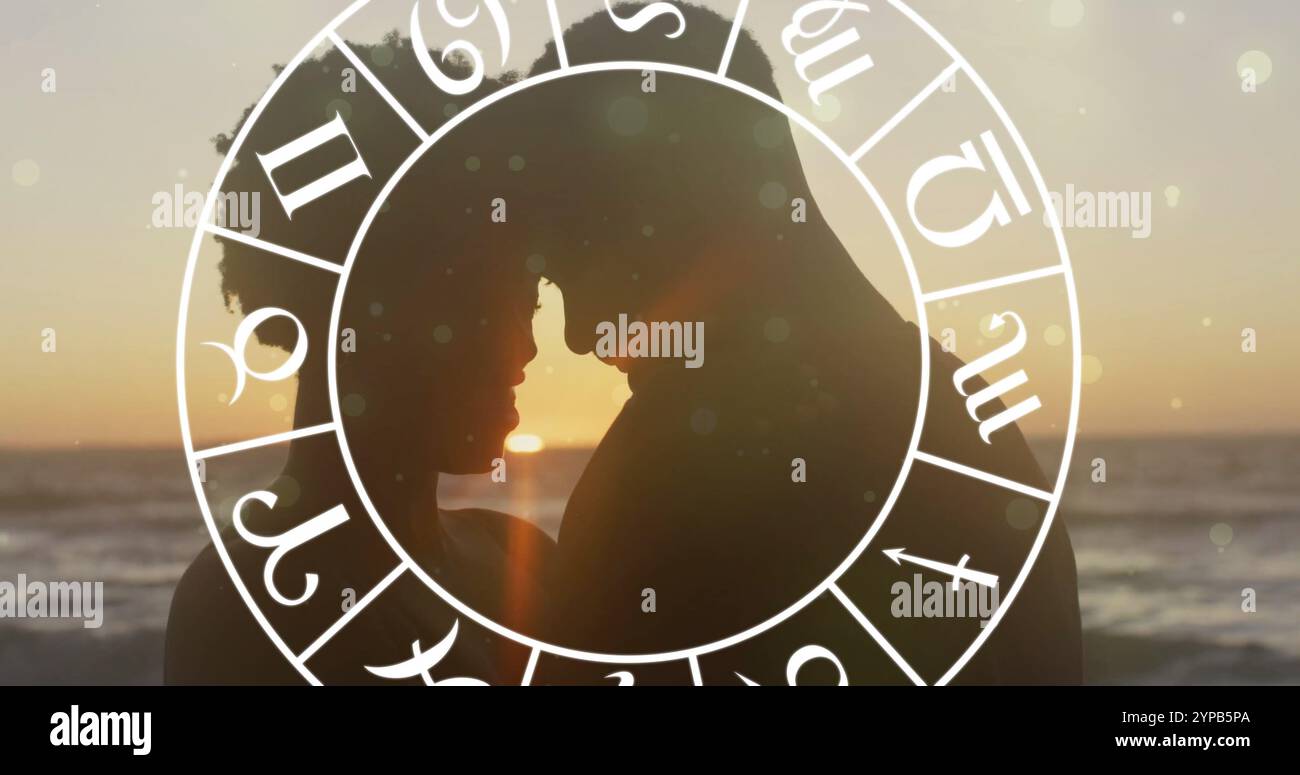 Image of horoscope over happy biracial couple embracing at beach Stock ...