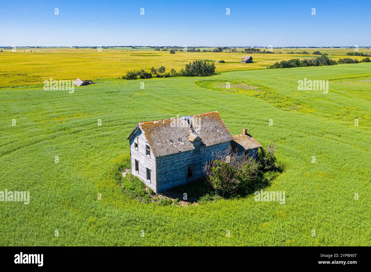 A small house is in the middle of a field. The house is old and ...