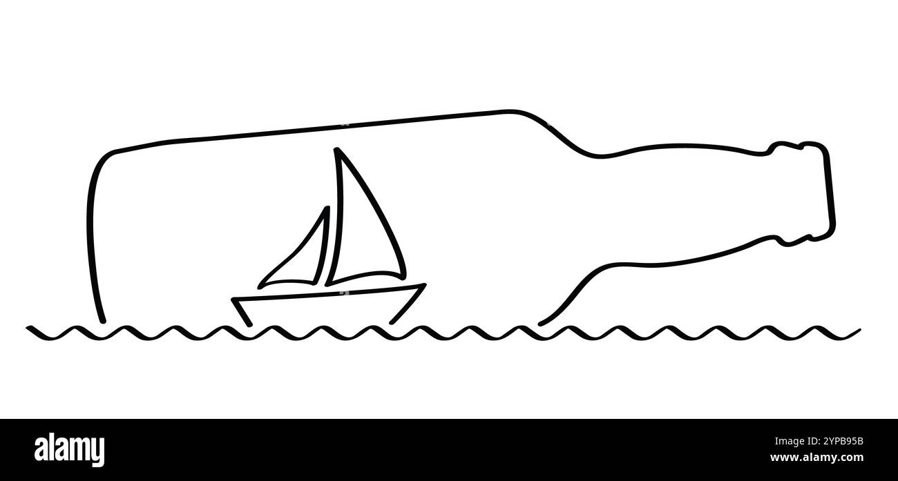 Cartoon sailboat and bottle. sail boat line pattern. ship, fishing ...