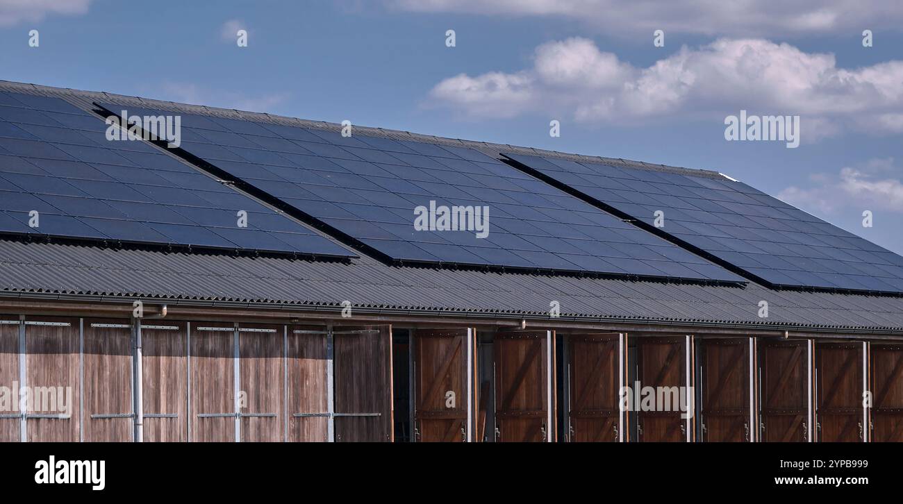 Large array of solar panels installed on a agracultural building roof ...