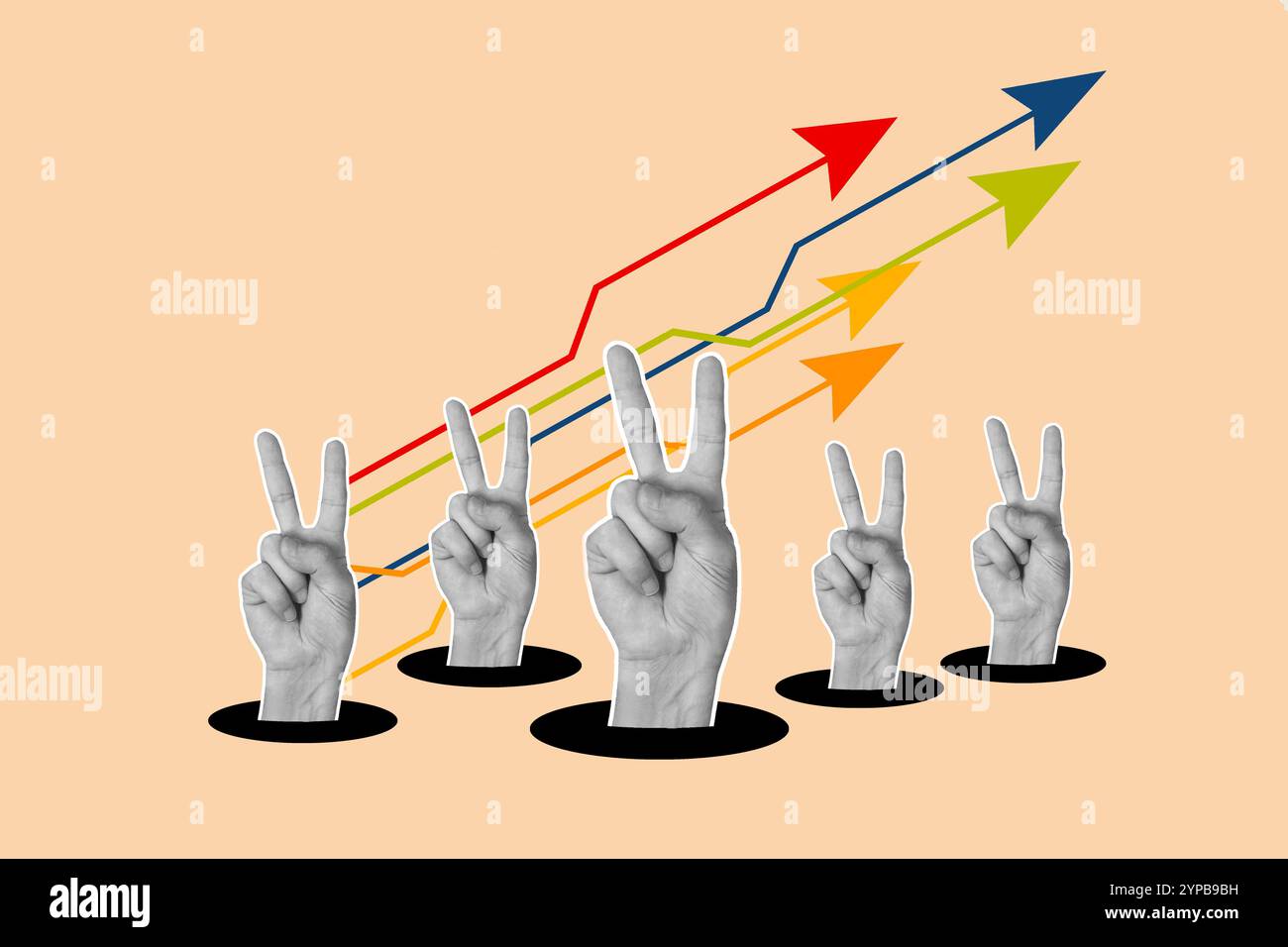 Hands doing victory gesture on a orange background with colored ...