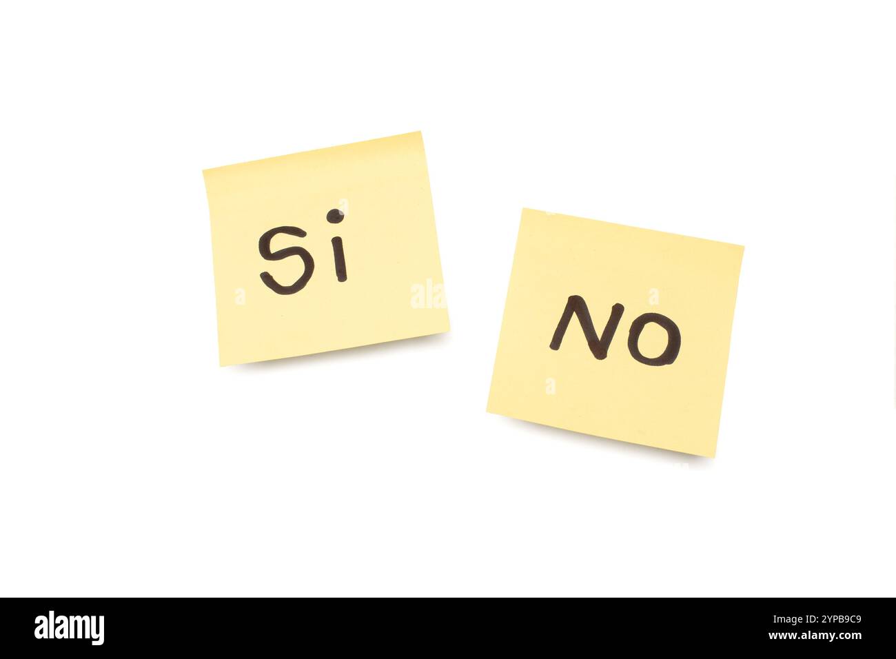 Si and no words written on sticky papers on a white background (trad ...