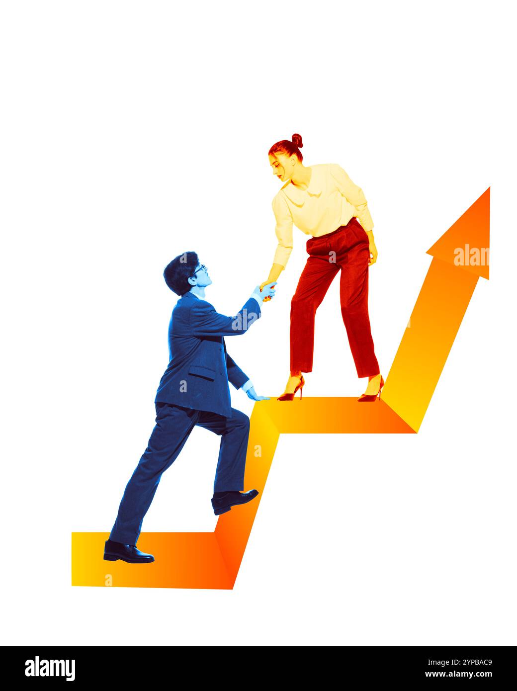 Businesswoman helping businessman climb graph arrow, symbolizing ...