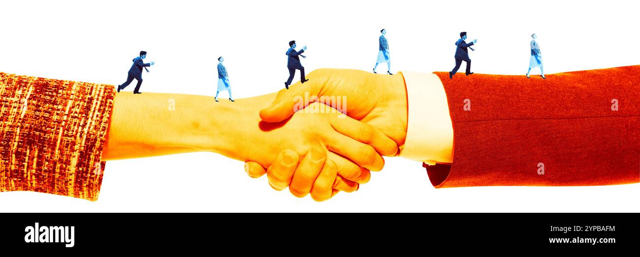 Two hands shaking with line of people walking on top, symbolizing trust ...