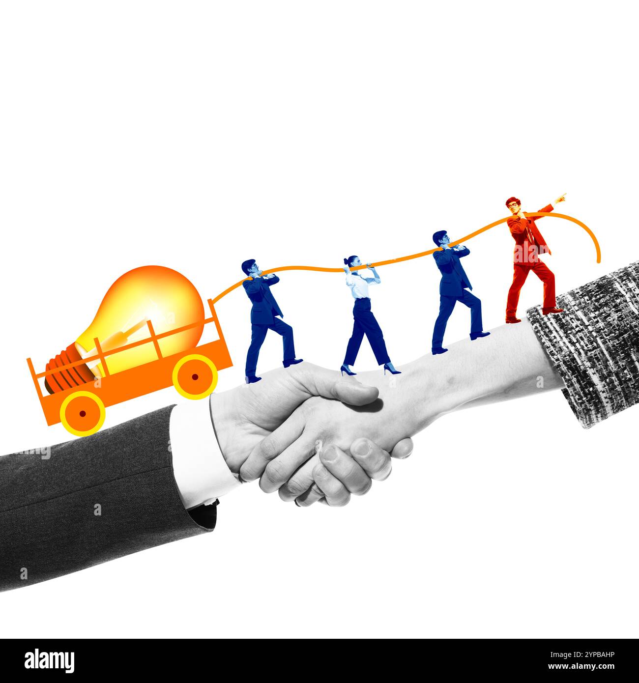 Businessman leading team pulling cart with glowing light bulb ...