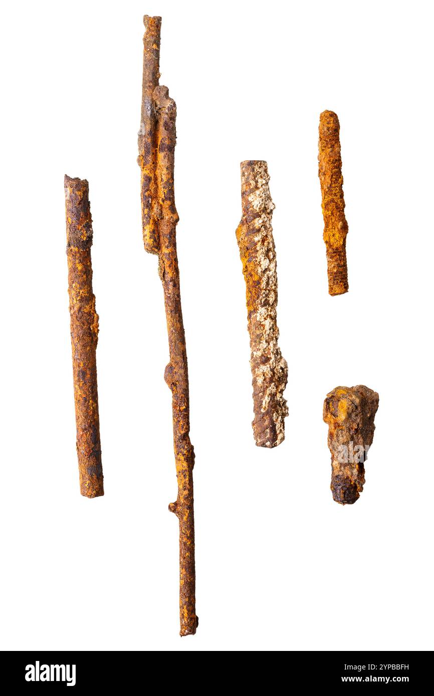 Collection of old rusty metals rods isolated on white background ...