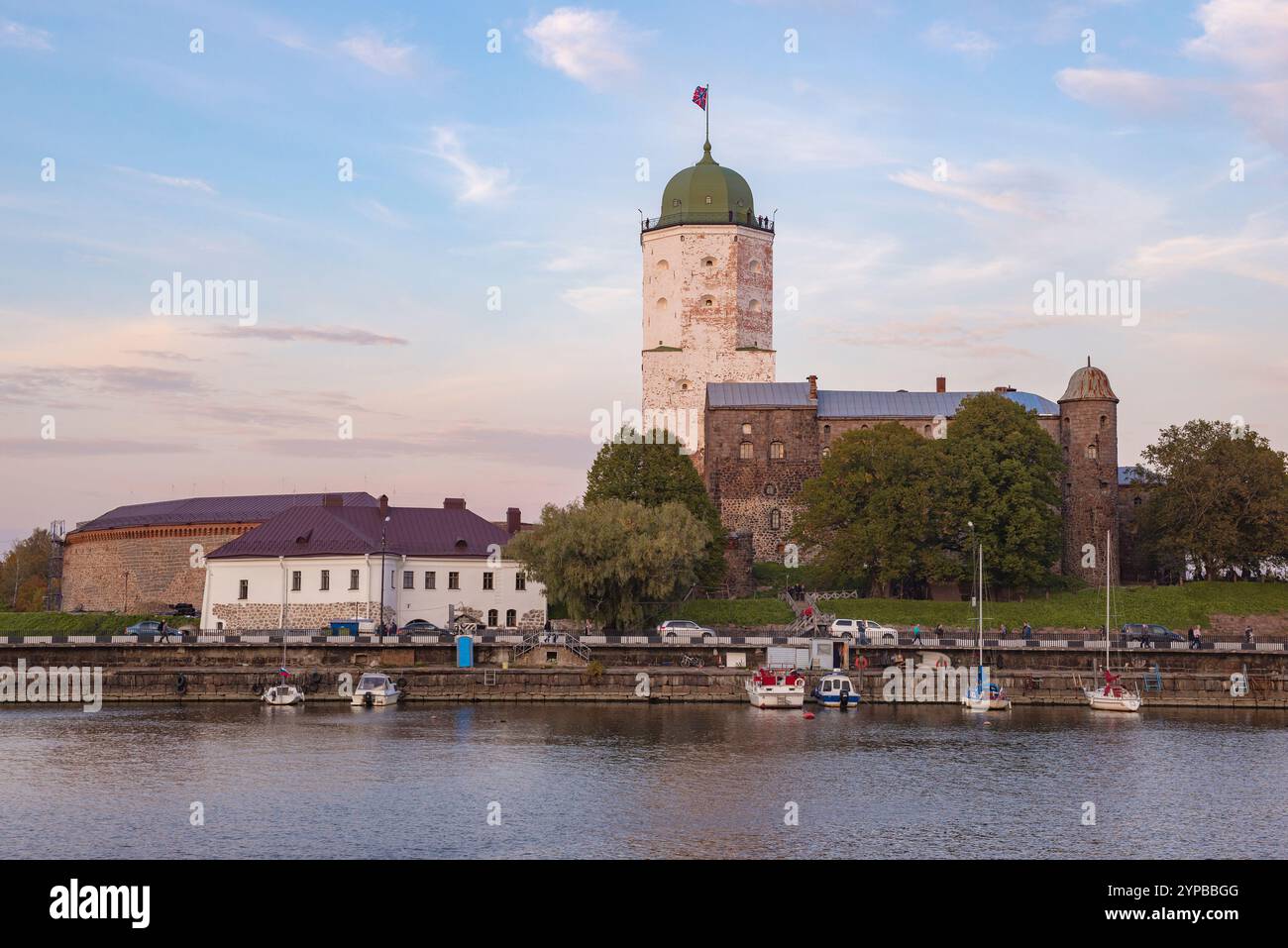 View of the ancient Vyborg Castle on an October evening. Vyborg, Russia ...