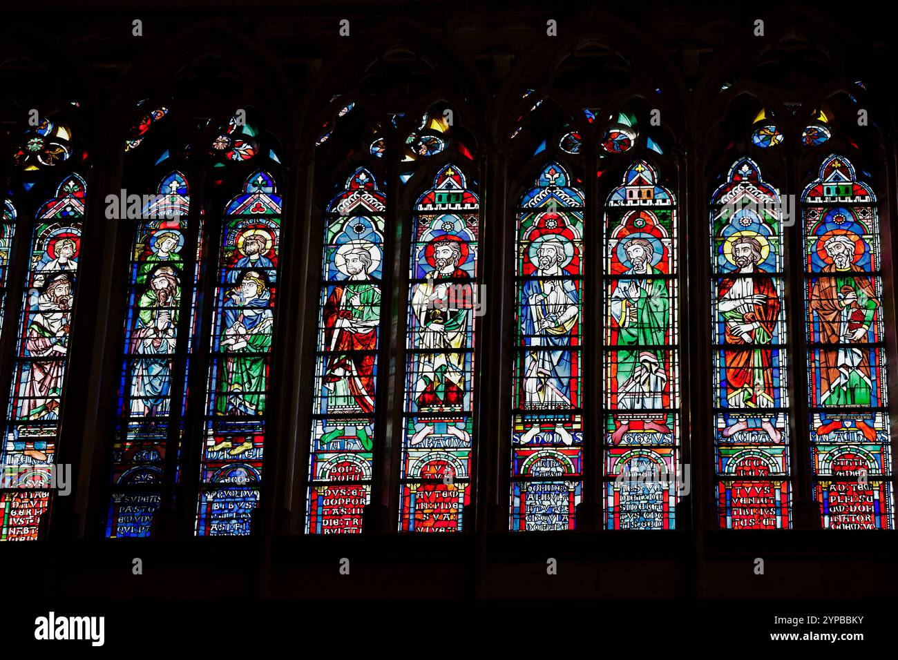 Stained glass windows are seen inside Notre-Dame de Paris cathedral ...
