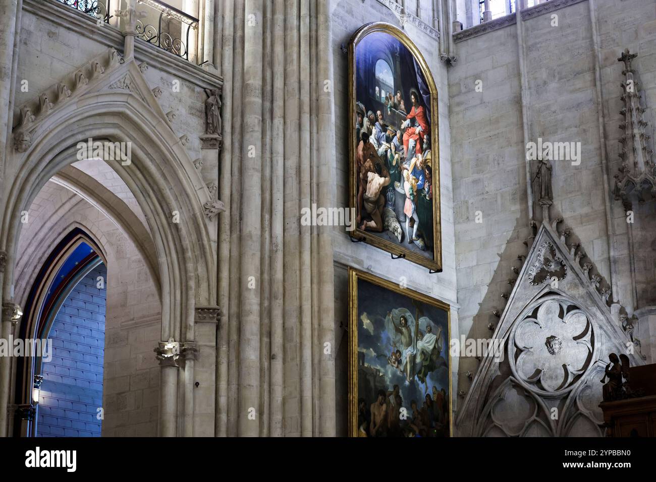 Paintings are seen inside Notre-Dame de Paris cathedral while French ...