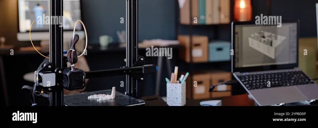 3D printer in a technologically advanced workspace creating an ...
