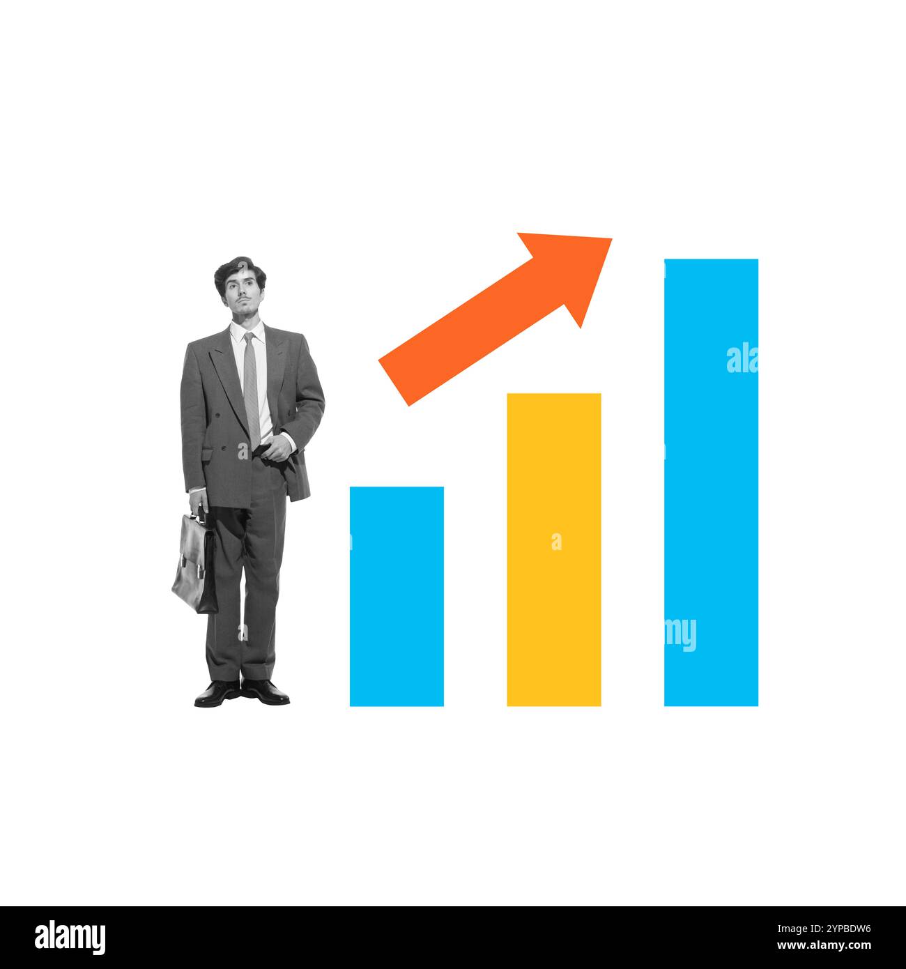 Businessman standing next to graph with upward arrow, representing ...