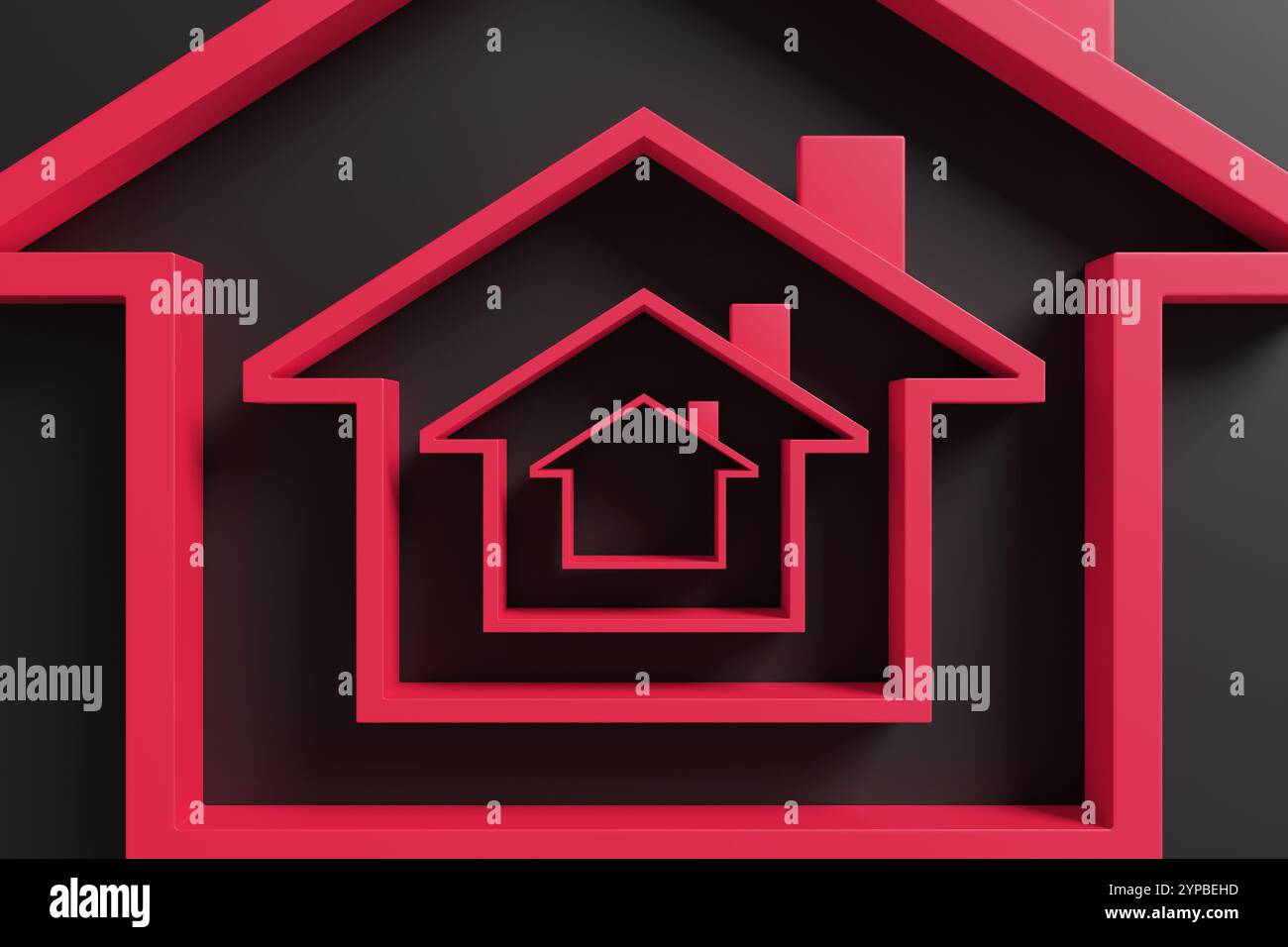 Red outlines of houses scaling from small to big on black background ...