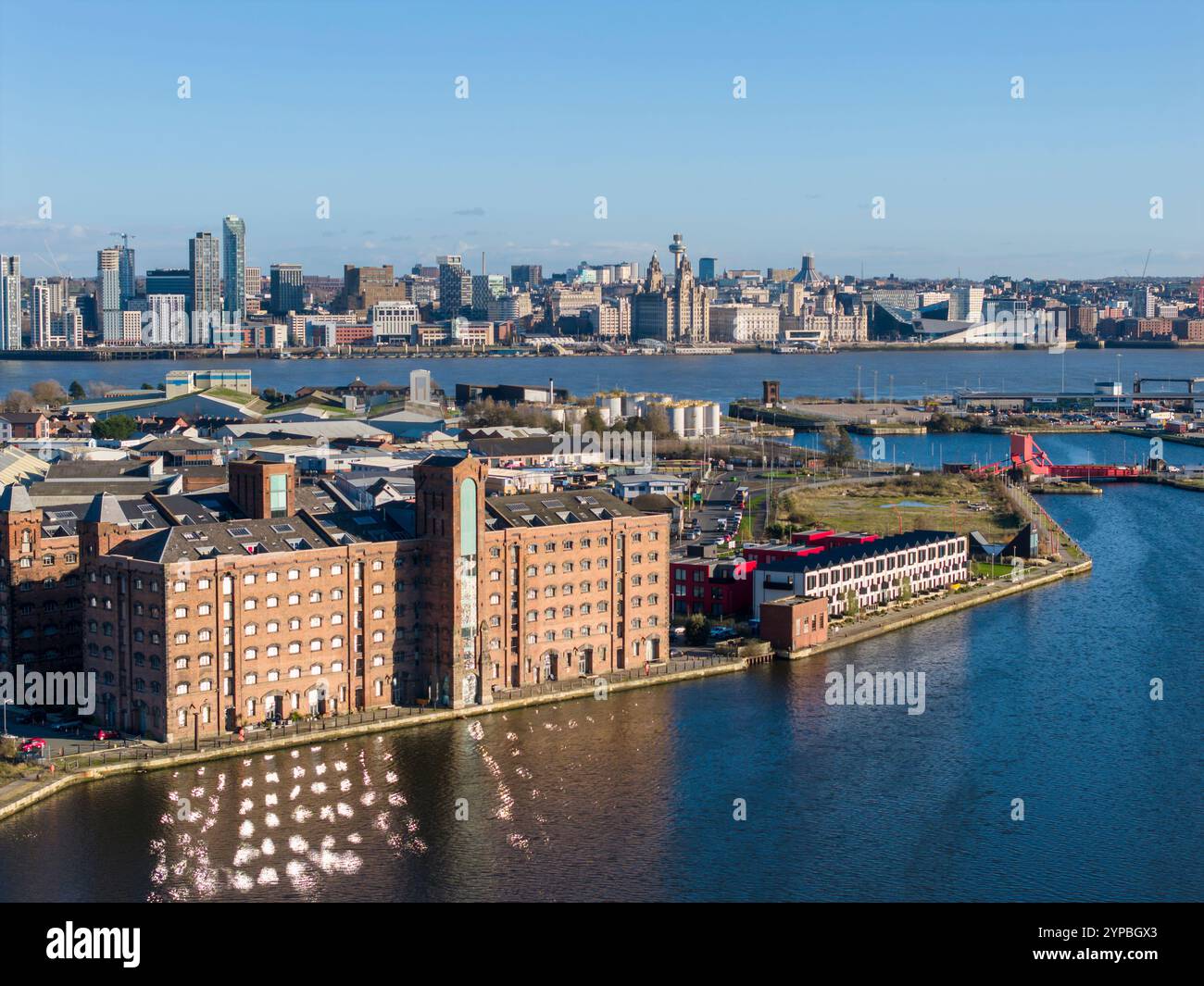 Aerial view of Birkenhead Docks East Float apartment blocks with ...