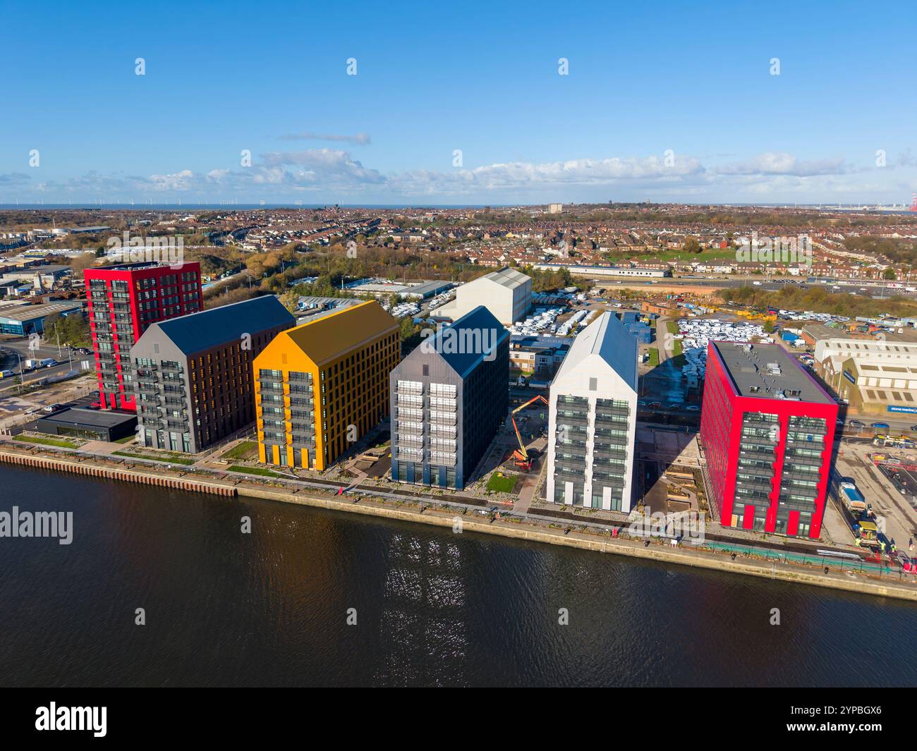 Aerial view of Millers Quay waterfront apartments at Birkenhead Docks ...