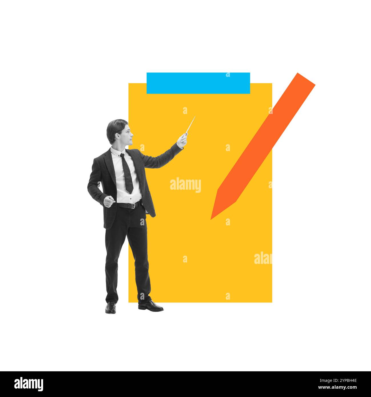 Businessman pointing to large notepad, representing planning and ...