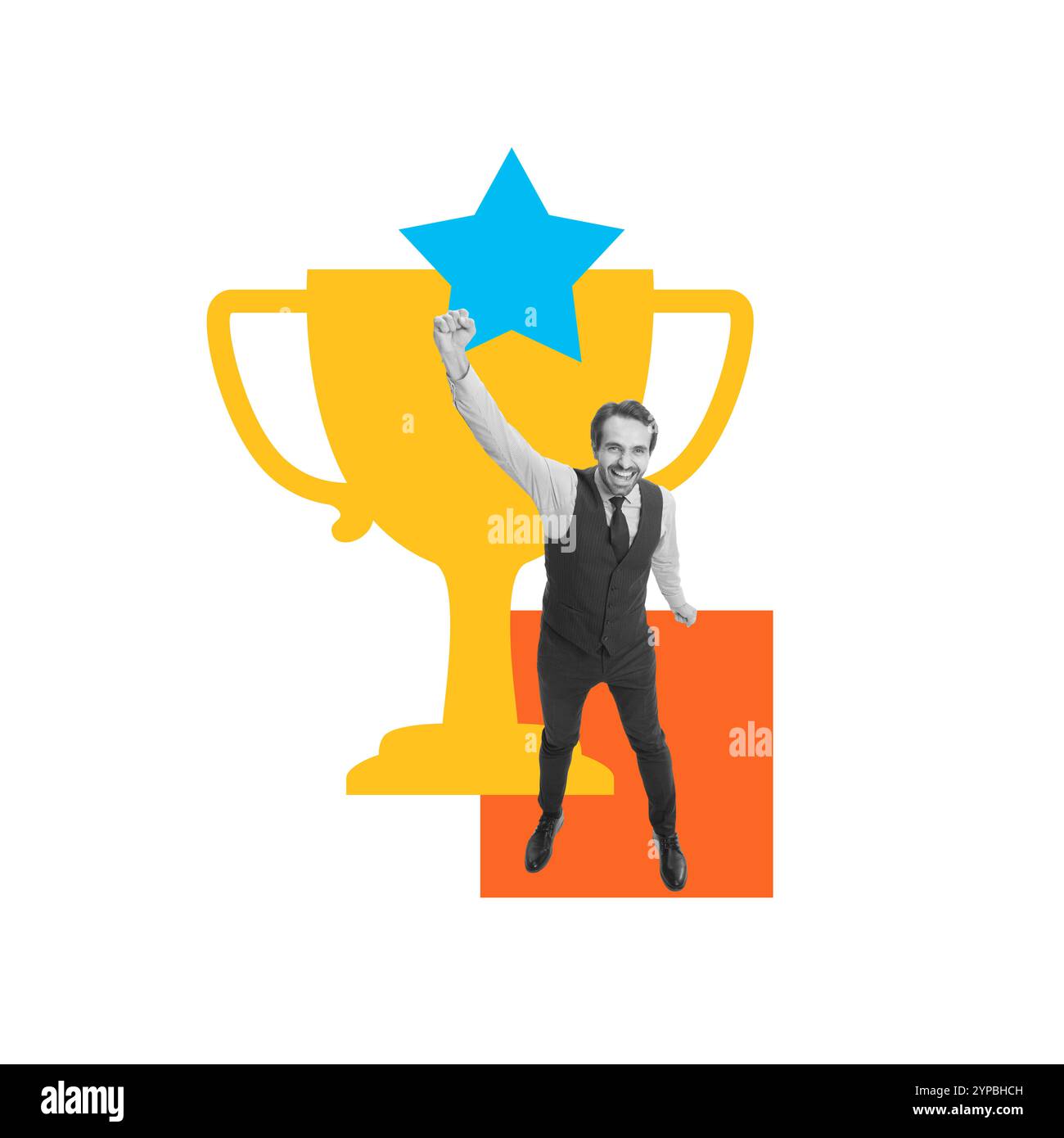 Win win. Businessman celebrates win with trophy and star, symbolizing ...
