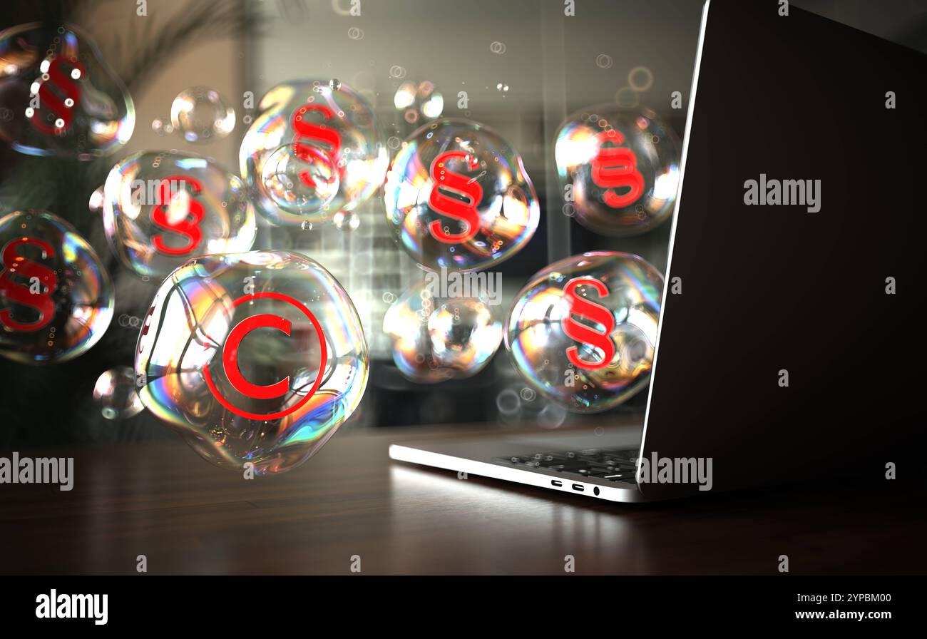 3D illustration. Iridescent bubbles with copyright and legal sym ...