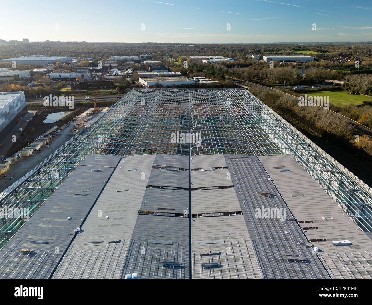Aerial view of a large industrial building under construction ...