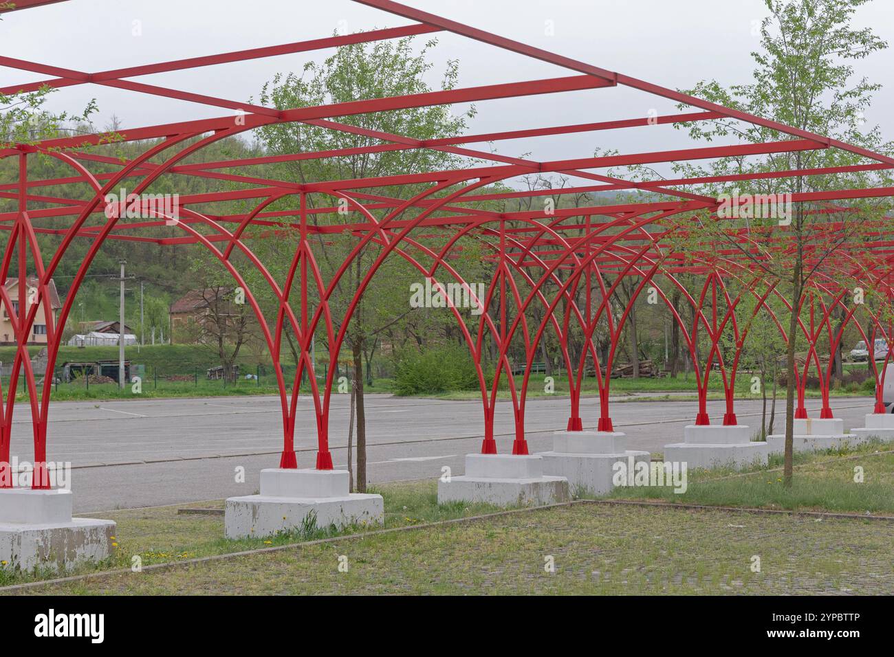 Red Metal Structure Support With Concrete Base for Parking Roof Shade ...