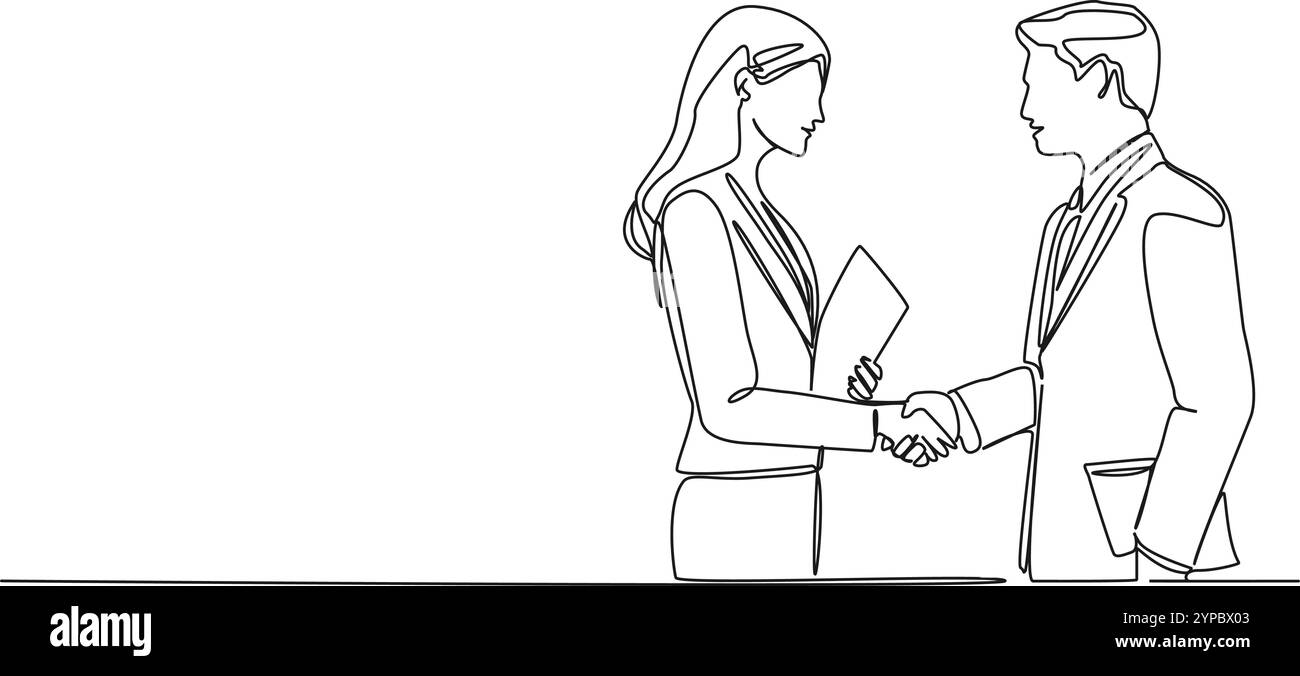 continuous single line drawing of businesswoman and businessman shaking ...