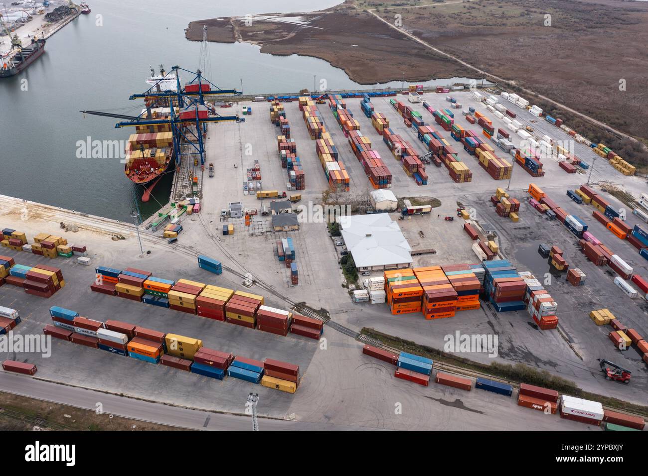 Aerial view of container ship on port of Varna, Bulgaria. Logistics and ...