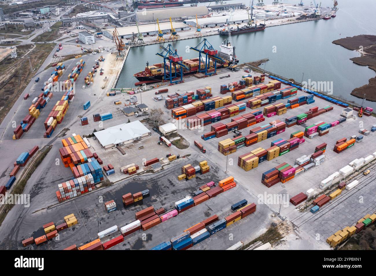 Aerial view of container ship on port of Varna, Bulgaria. Logistics and ...