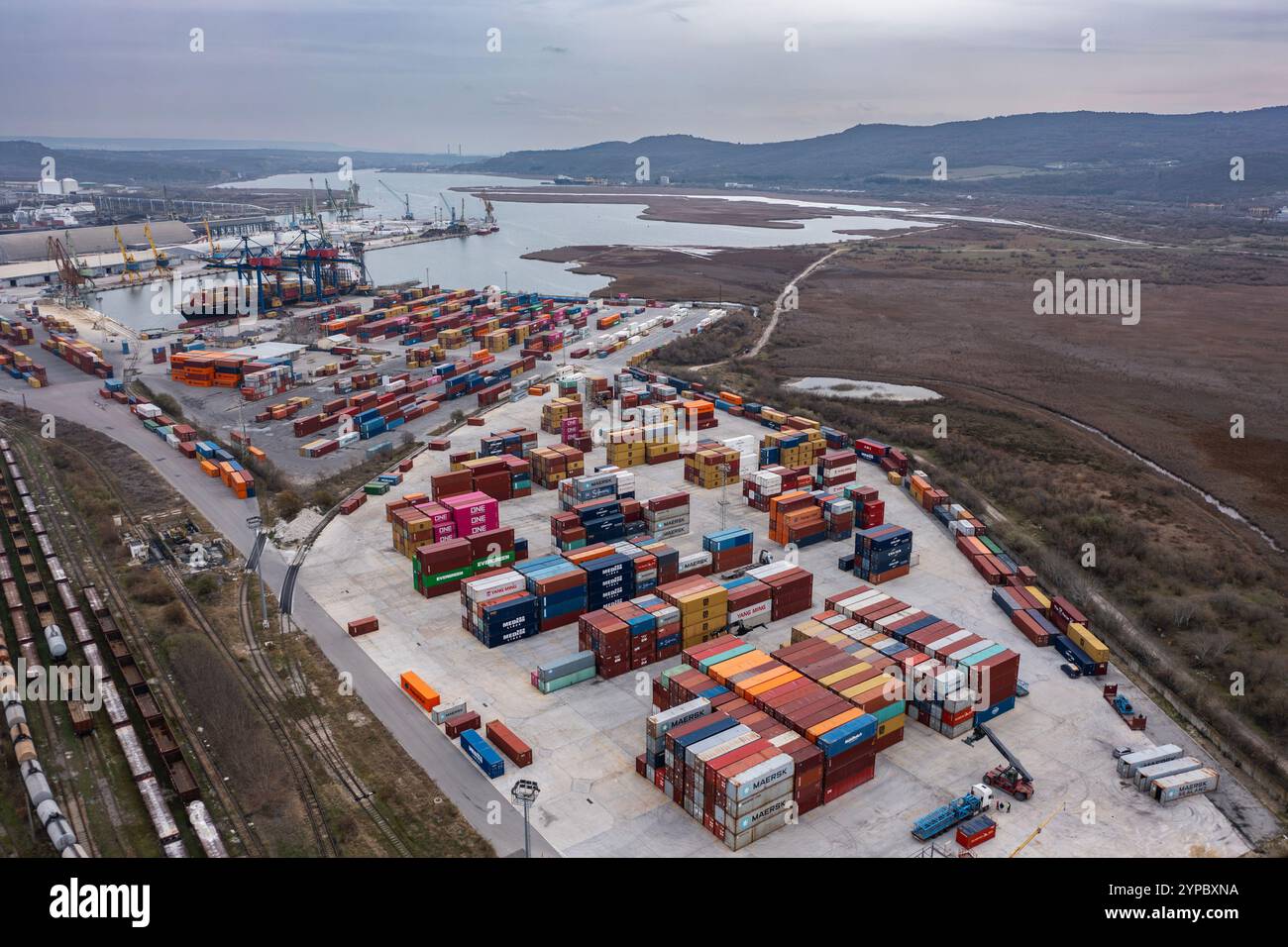 Aerial view of container ship on port of Varna, Bulgaria. Logistics and ...