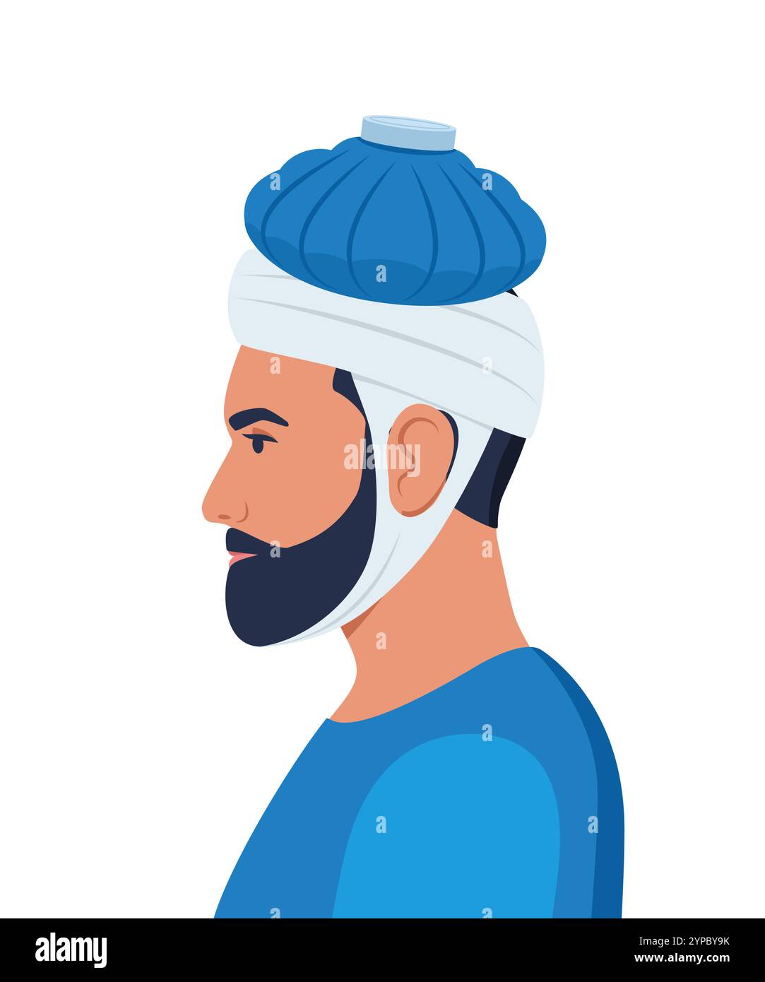 Man suffers from headache and applies ice pack to head. Head injury ...