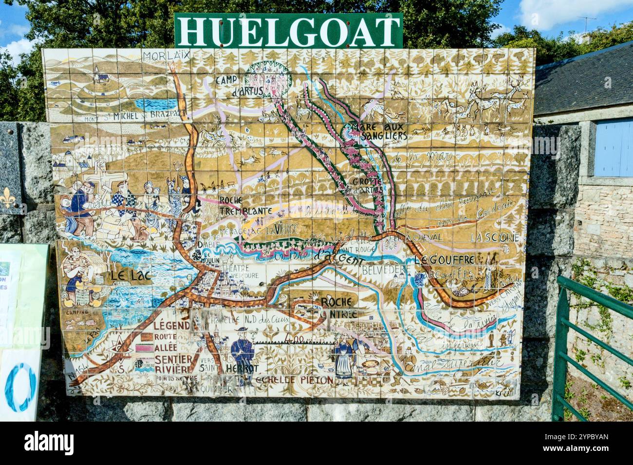A pictorial outdoor map of Huelgoat in Brittany, France showing local ...