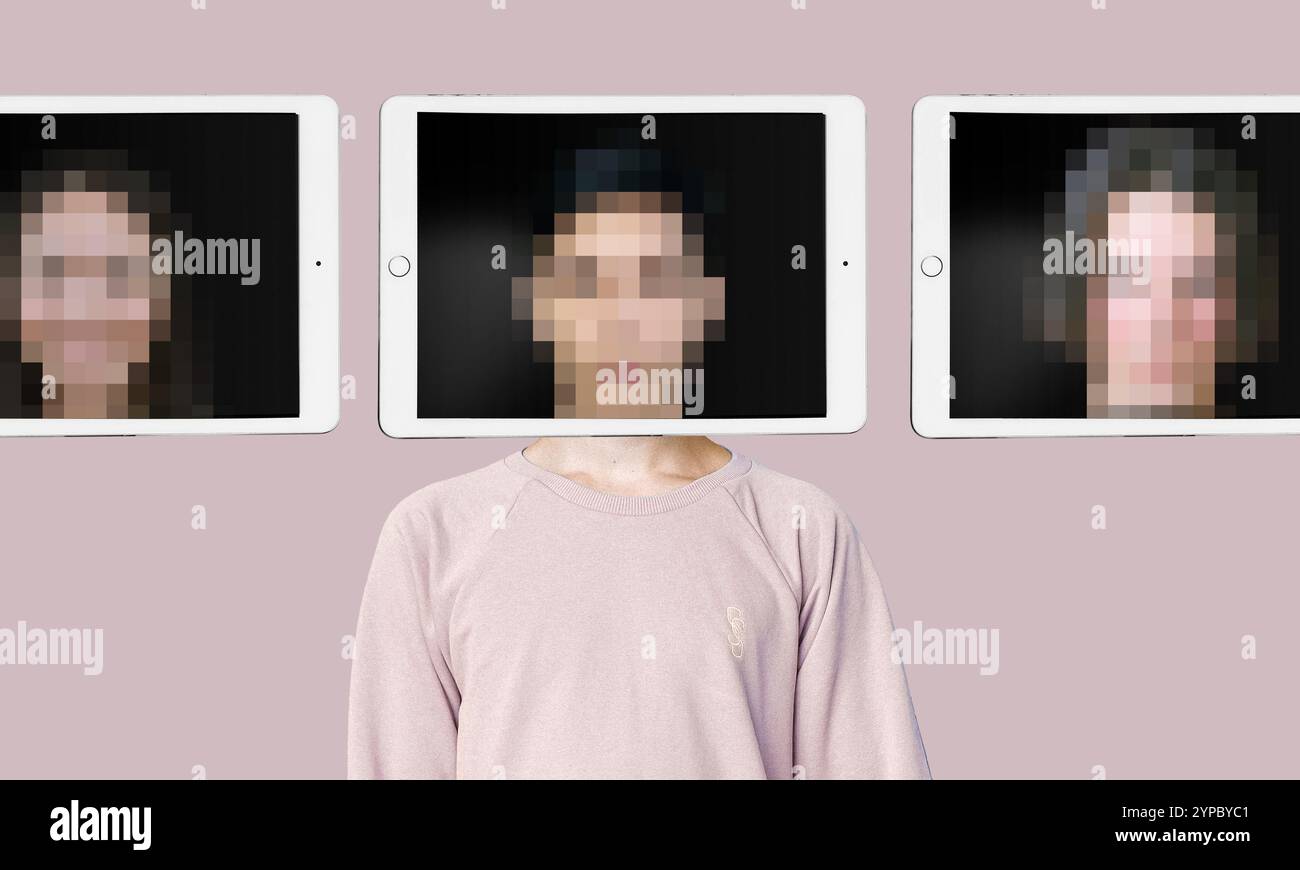 Changing face using AI generated deep fake technology concept. Multiple ...