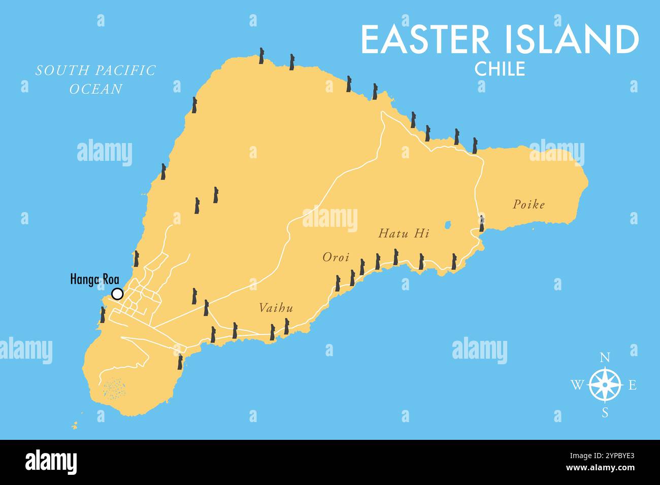 The map of the Easter Island showing the main locations of the Moai ...