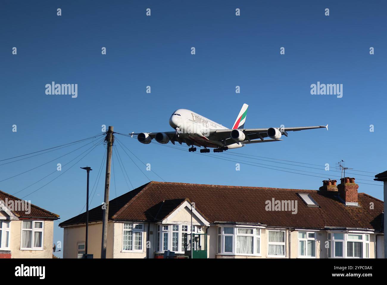 Emirates A380-842 A6-EUM from Dubai DXB flies low over Myrtle Avenue on ...