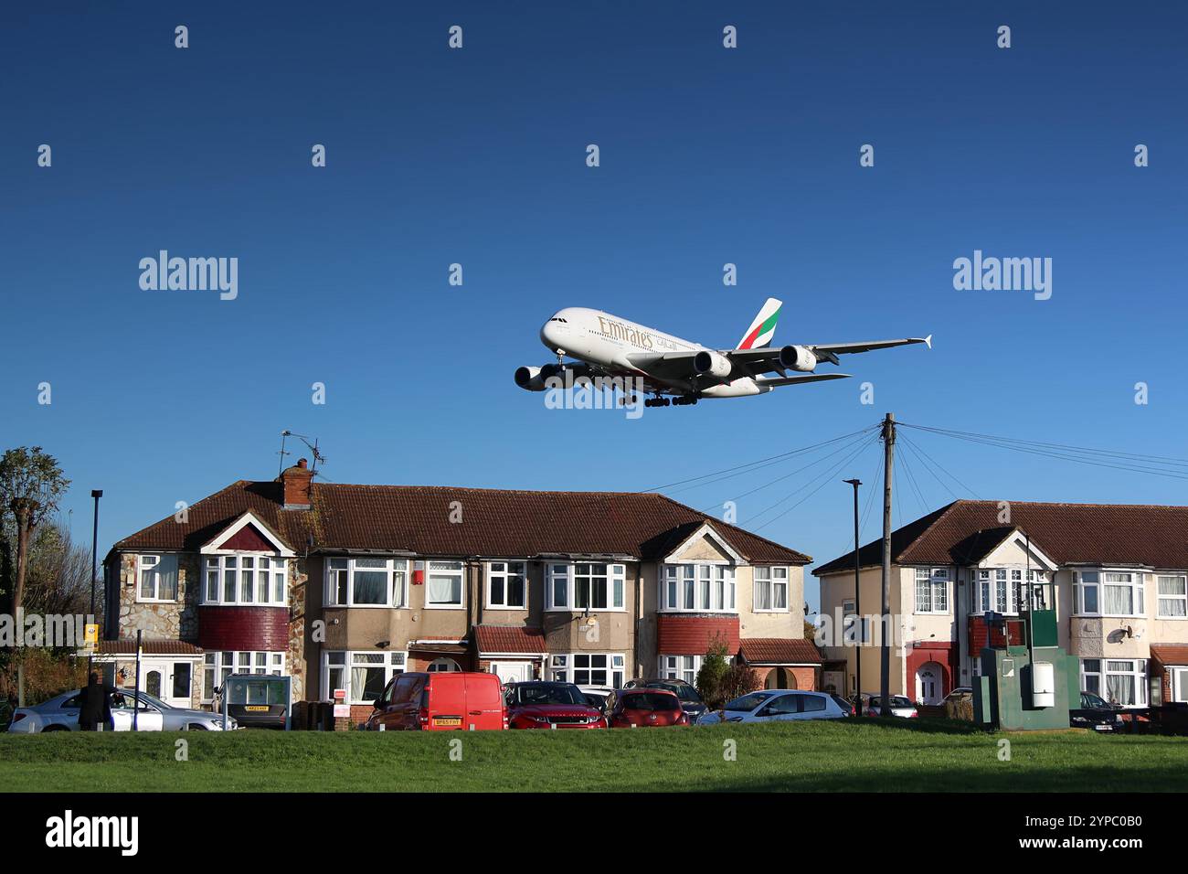 Emirates A380-842 A6-EUM from Dubai DXB flies low over Myrtle Avenue on ...