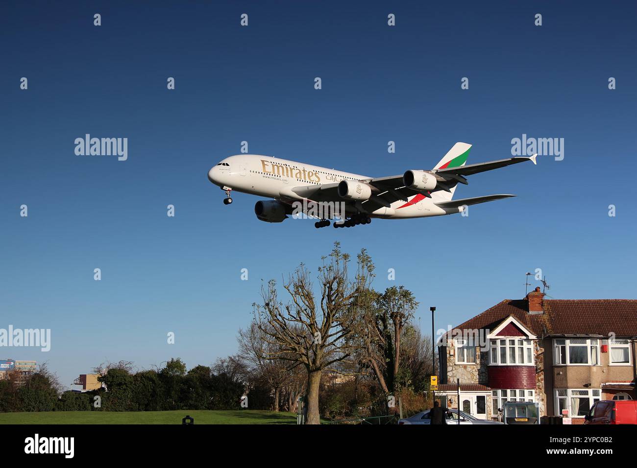 Emirates A380-842 A6-EUM from Dubai DXB flies low over Myrtle Avenue on ...