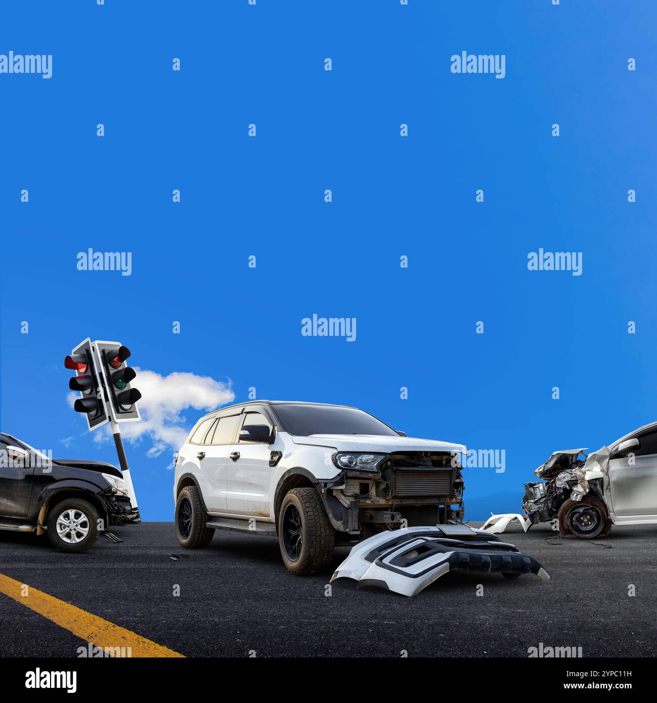 Scene of a multi-vehicle collision at a city intersection, featuring ...