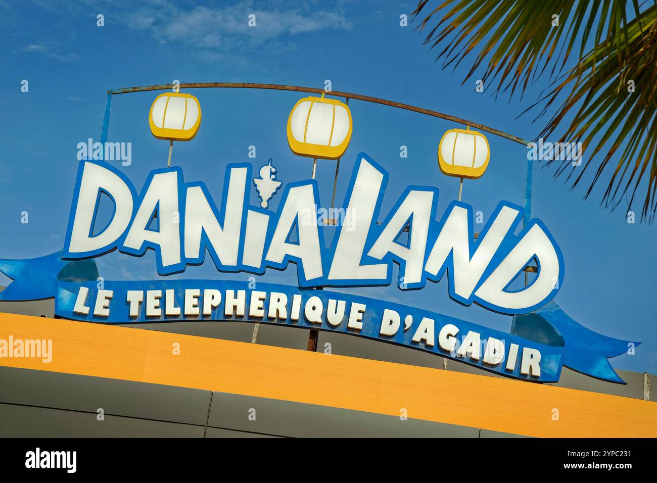 Danialand telepherique sign at the cable car station in Agadir, Souss ...